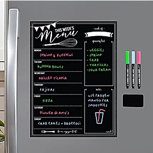 Magnetic Dry Erase Menu Board for Fridge with 3 Bright Neon Chalk Markers - 16x12" - Weekly Meal Planner Blackboard and Grocery List Notepad for Kitchen Refrigerator - Whiteboard Chalkboard Magnet