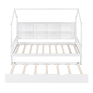 BIADNBZ Twin Size House Bed with Trundle,Wooden Kids Bedframe with Storage Shelf,Roof for Kids/Bedroom,No Box Spring Required,White