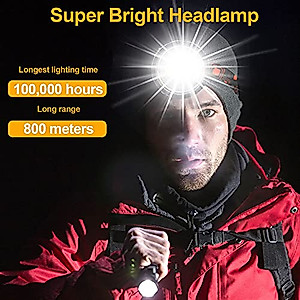 Aikertec LED Rechargeable Headlamp, 90000 High Lumen Super Bright Headlamp Flashlight, 2 Mode, Waterproof, 90°Angle Adjustable Headlamp Battery Powered for Outdoor Camping, Fishing, Hunting, Running