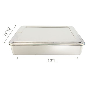 Home-X Stainless-Steel Cake Pan with Lid, Rectangular Cake Pan With Lid, Baking Tray for Cakes, Oven-Safe Pan, Large Metal Baking Pan, 13" L x 11" W x 2 ½” D, Stainless Steel