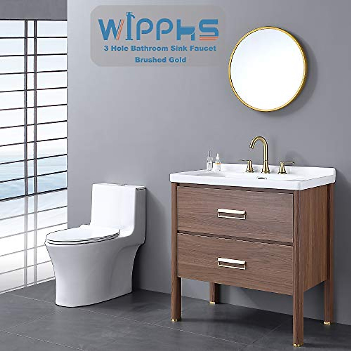 WiPPhs Bathroom Faucet for Sink 3 Hole with Pop Up Drain and cUPC Faucets Supply Hose, 2 Handle 8 inch Brass Widespread Bathroom Sink Faucet, Brushed Gold Basin Faucet Taps Mixer