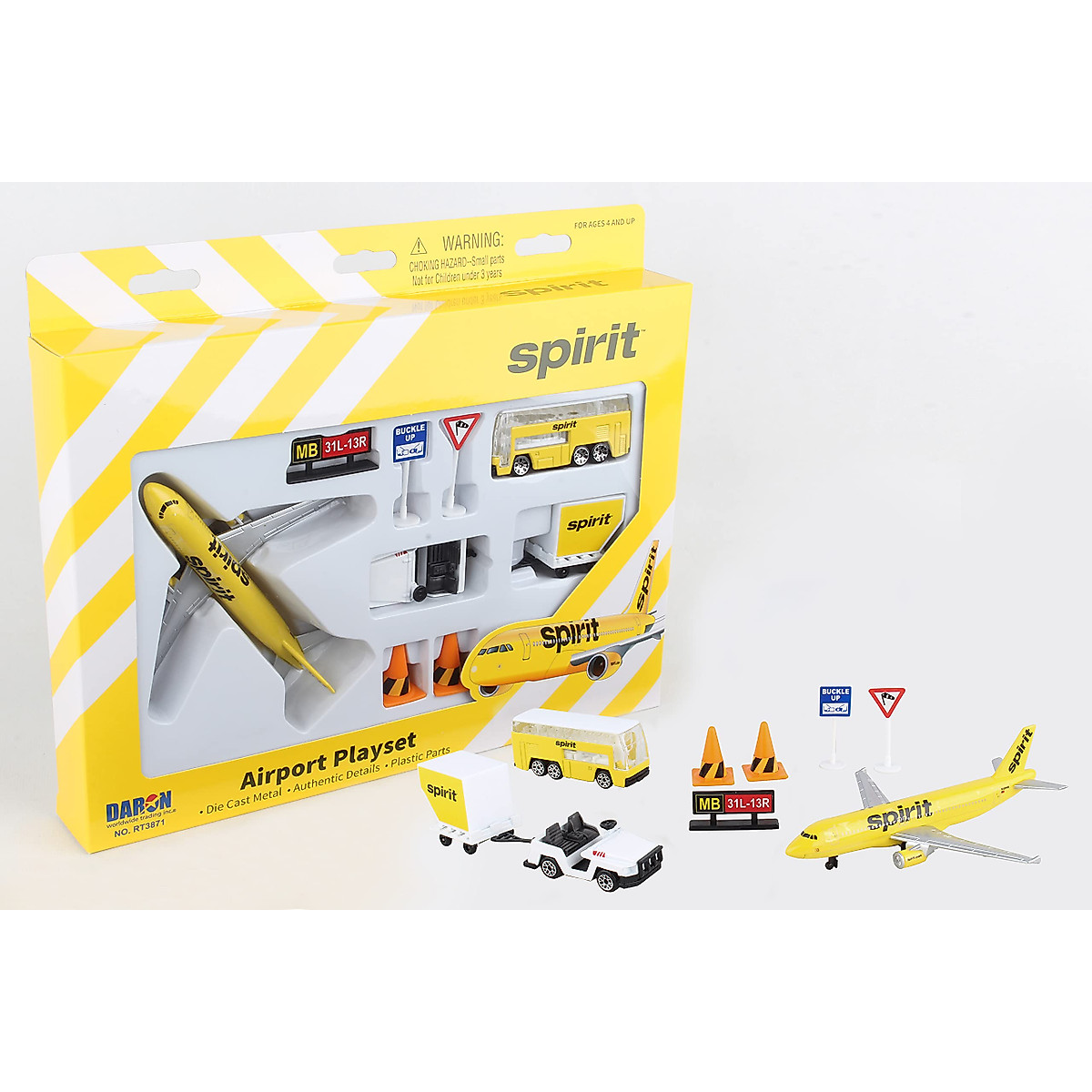 Daron Spirit Airlines Airport Playset with Die-Cast Metal Model Airplane with Plastic Parts, Cars and Transportation Toys for Kids Ages 3+