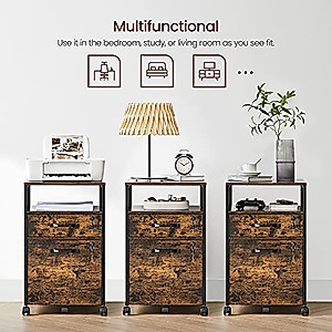 VASAGLE File Cabinet with Lock, Filing Cabinet with 2 Storage Drawers, for Hanging File Folders, Open Shelf, Home Office, Steel Frame, Industrial, Rustic Brown and Black UOFC077B01