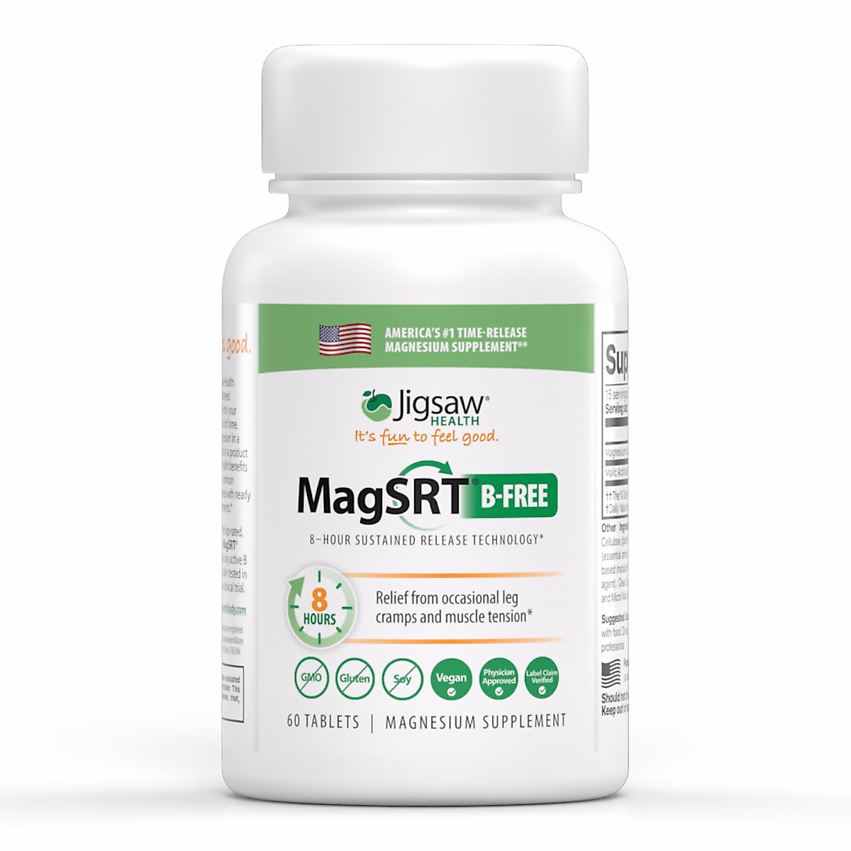 Jigsaw Health MagSRT (B-Free) | Premium, Organic, Slow Release Magnesium Supplement | Active, Bioavailable Magnesium Malate Tablets | 60 Tablets | 15 Servings