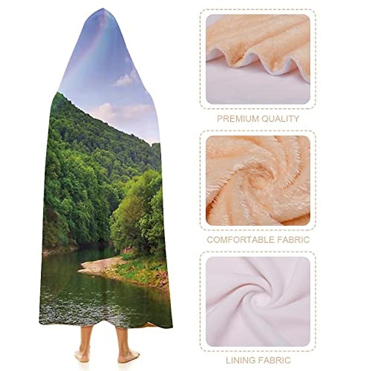 Hooded Blanket Poncho, Nature Wearable Hooded Blanket for Adults, Summer Scene by Mountain Valley with Rainbow Over The, Soft Warm Cozy, 40 x 50inches, Gifts for Women Adults Girls and Kid