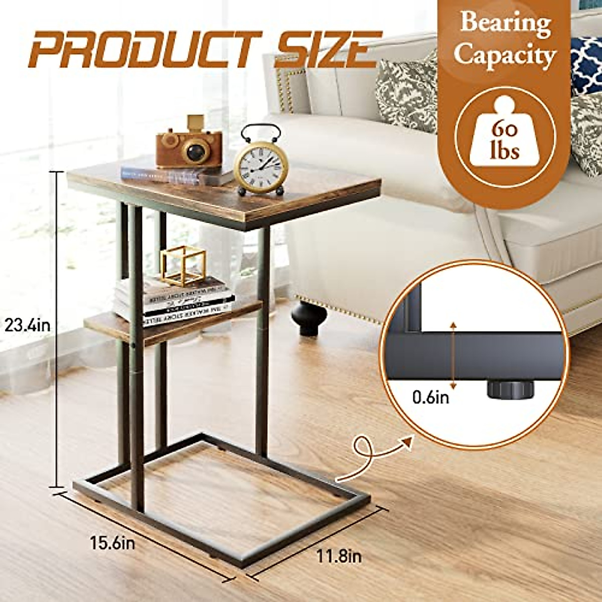 Easy Paws C Table End Table, Couch Side Table, C Shaped End Table for Sofa, Small Side Table Rustic Snack Table for Small Spaces, Living Room, Bedroom(Brown)…