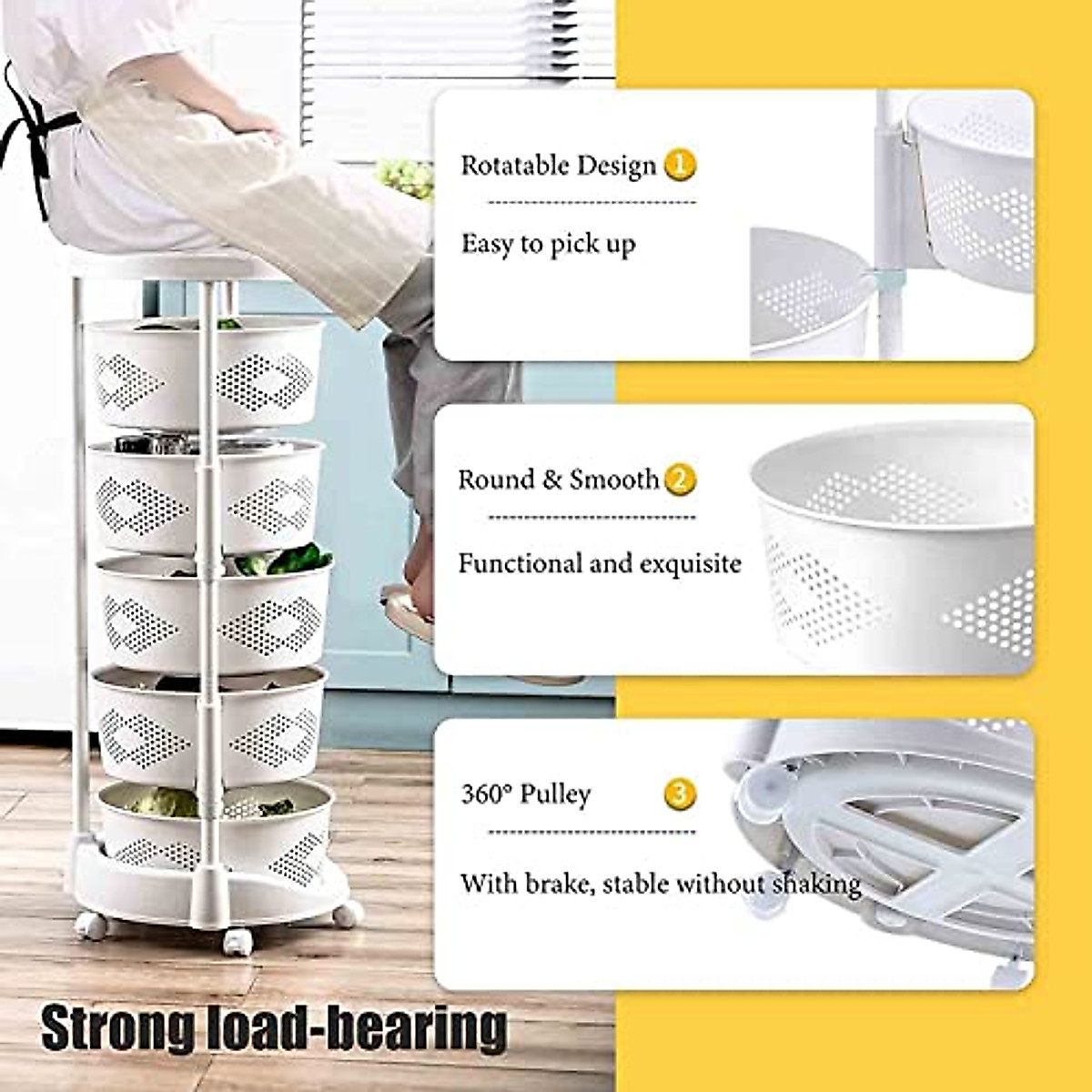 Multi-Layer Kitchen Storage Rack, Detachable Breathable Rotating Fruit Vegetable Organizer, with Lockable Casters, for Kitchen Bedroom, Bathroom,3 Tier