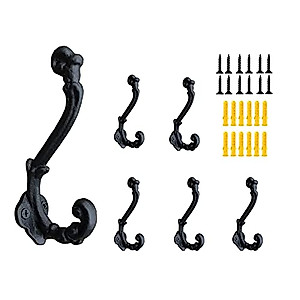 6 Pack Cast Iron Wall Hooks Antique Vintage Rustic Farmhouse Coat Hooks, Great for Coats, Bags, Towels, Hats, Mounting Screws Included