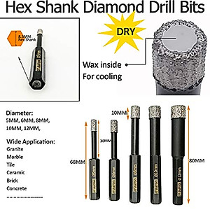 DT-DIATOOL Dry Diamond Drill bits 5pcs 12 mm with Hex Shank for Porcelain Tile Ceramic