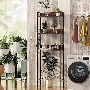 Giantex Over-The-Toilet Storage Shelf, 3-Tier Bathroom Space Saver with 3 Hooks, Industrial Tower Rack for Restroom, Kitchen, Freestanding Bathroom Organizer (Rustic Brown)