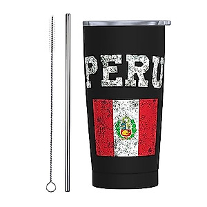 Peru Flag Peruvian Stainless Steel Vacuum Insulated Tumbler 20oz Coffee Cups Travel Mug Car Drinking Cup With Leak-Proof Flip Lid Metal Straw Cleaning Brush Gift For Men Women
