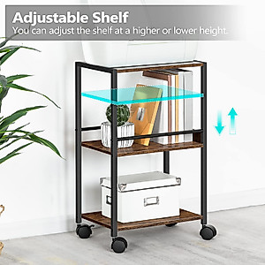 MAHANCRIS Printer Stand with Adjustable Storage Shelf, 3-Tier Computer Tower Stand with 2 Hooks, Rolling Printer Cart for Home Office Small Spaces, CPU Stand with Wheels, Rustic Brown PTHR6001Z