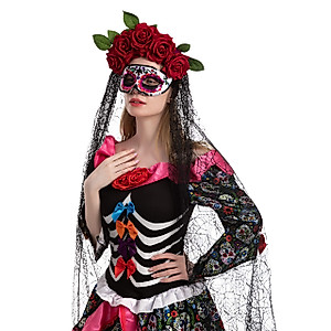Spooktacular Creations 2 Pcs Day of The Dead Accessories Set with Rose Flower Crown Headband and Masquerade Eye Mask for Halloween Party and Mexican Dia Muertos Costume Accessories