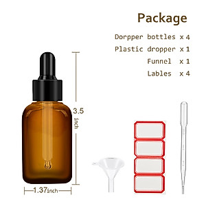 4Pack Dropper Bottles with Dropper 1.7 oz Glass Tincture Bottles with 1 Funnel & 4 Labels 50ml Thick Amber Leakproof Essential Oils Bottles Eye Dropper Bottles for Storage and Travel
