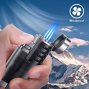 LcFun Butane Lighter 1 Pack Triple Jet Flame Torch Lighters Butane Refillable Gas Lighter Adjustable Windproof Pocket Lighter with Gift Box for Men and Women-Butane Not Included (1 Pack Black)