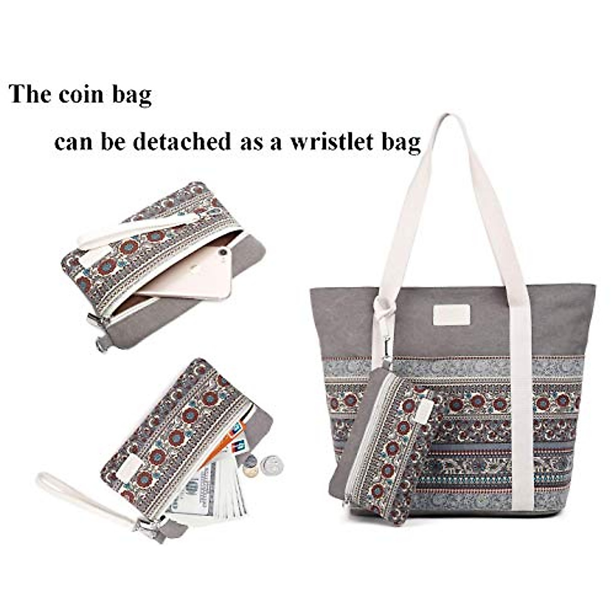 Wxnow Canvas Boho Tote Bag Top Handle for Women Shoulder Hobo Purse Beach Handbags School Word Travel Shopping Pack B-Light Grey