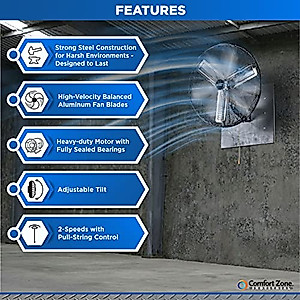Comfort Zone CZVHW30 30” 2-Speed High Velocity Industrial Wall Fan, All-Metal Construction, Adjustable Tilt, Steel Mounting Bracket with Adjustable Angle, Aluminum Blades, Black