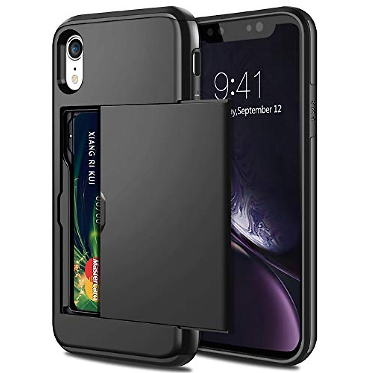 SAMONPOW Case for iPhone XR Hybrid iPhone XR Wallet Case Card Holder Shell Heavy Duty Anti Scratch Dual Layer Hard PC Soft Rubber Bumper Cover for iPhone XR 6.1 inch Black