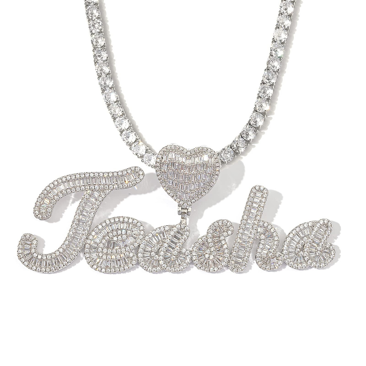 Iced Out Custom Name Necklace 14K Gold Hip Hop Simulated Diamond Charm Pendant with Cuban Link Chain, Personalized Name Plated Initial Letter Necklaces, Handmade Customized Jewelry Gifts for Man Woman (Silver)