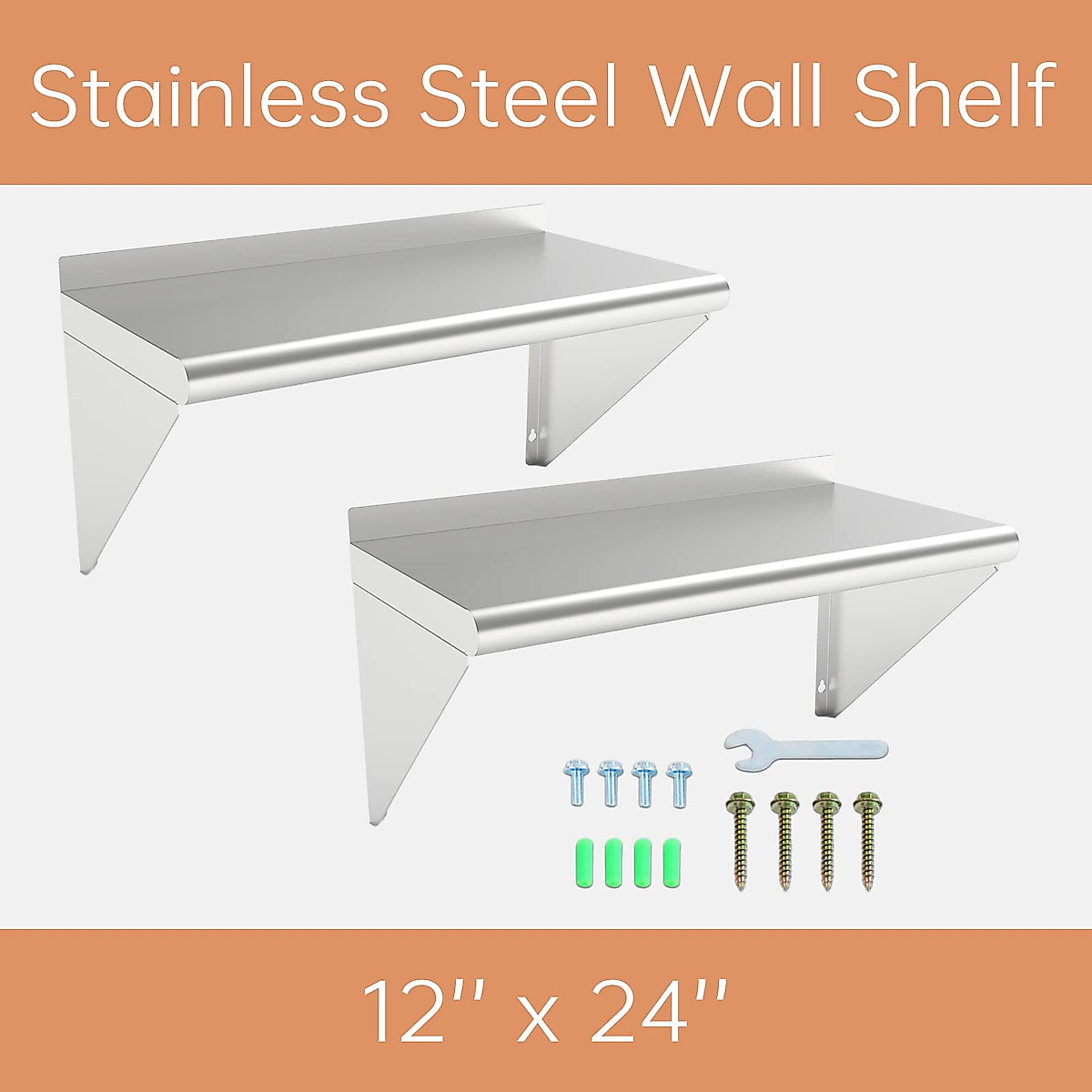 ERUPTA 12 x 24 inches 250 lb, Stainless Steel Wall Mount Floating Shelving, Commercial Stainless Steel NSF Shelf for Restaurant Kitchen, Home Kitchen, Hotel, Food Truk, Garage