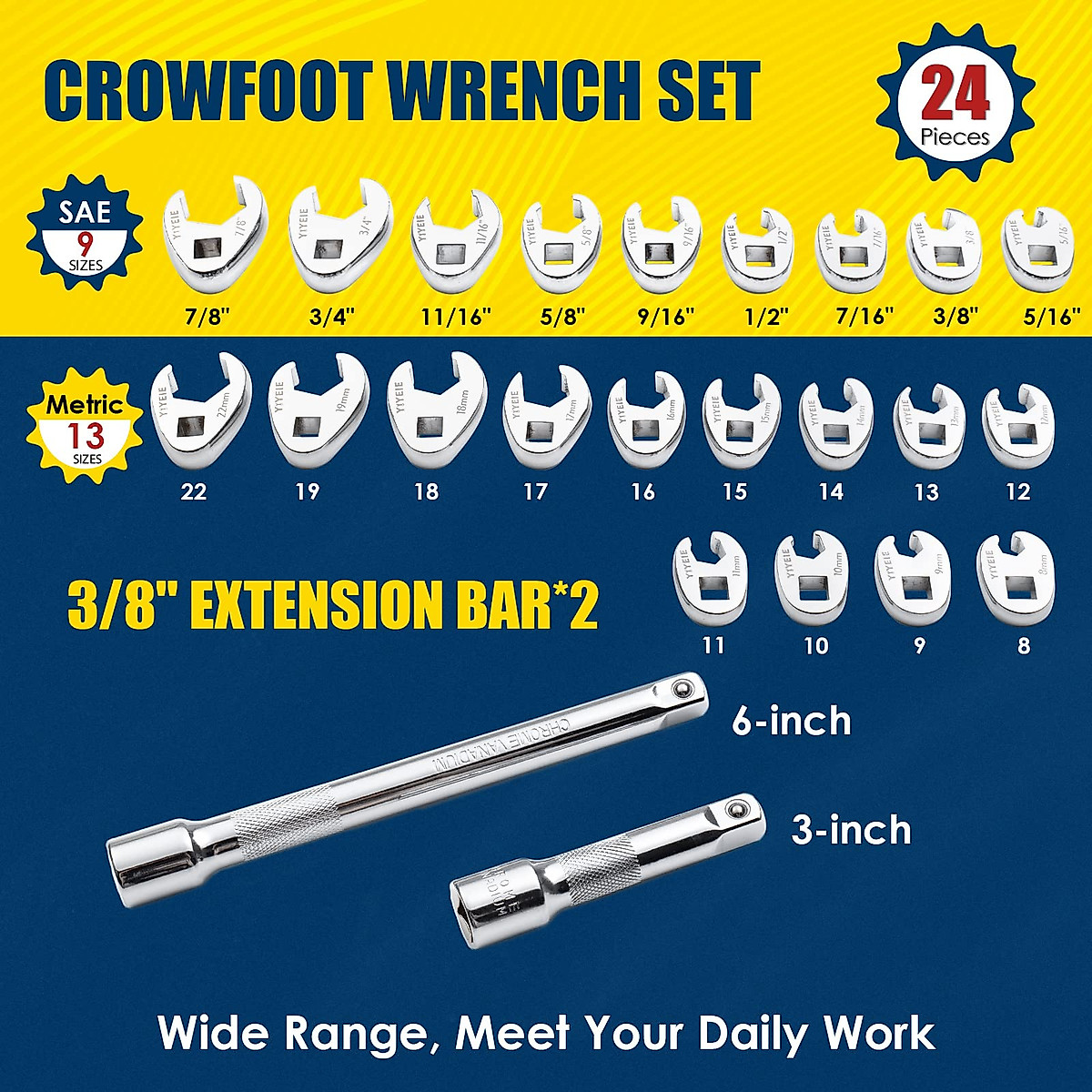 YIYEIE 3/8" Drive Crows Foot Wrench Set, 24PCS Flare Nut Crowfoot Wrench Set, Metric & SAE, 8-22mm & 5/16"-7/8", CR-V Steel, Crows Feet Wrench Set with 2 Extension Bars, Line Wrench Set with EVA Foam