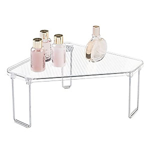 mDesign Plastic/Steel Corner Stackable Rack, Storage Organizer Shelf for Bathroom, Vanity, Countertop, Sink, Cabinet, Holds Makeup, Shower Accessories, Ligne Collection - Clear