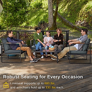 EAST OAK Courtyard Patio Furniture Set, 4-Piece Outdoor Patio Set with Sofa, Removable & Washable Deep Seating Cushion, Tempered Glass Table, Outside Patio Conversation Sets, Black & Dark Grey