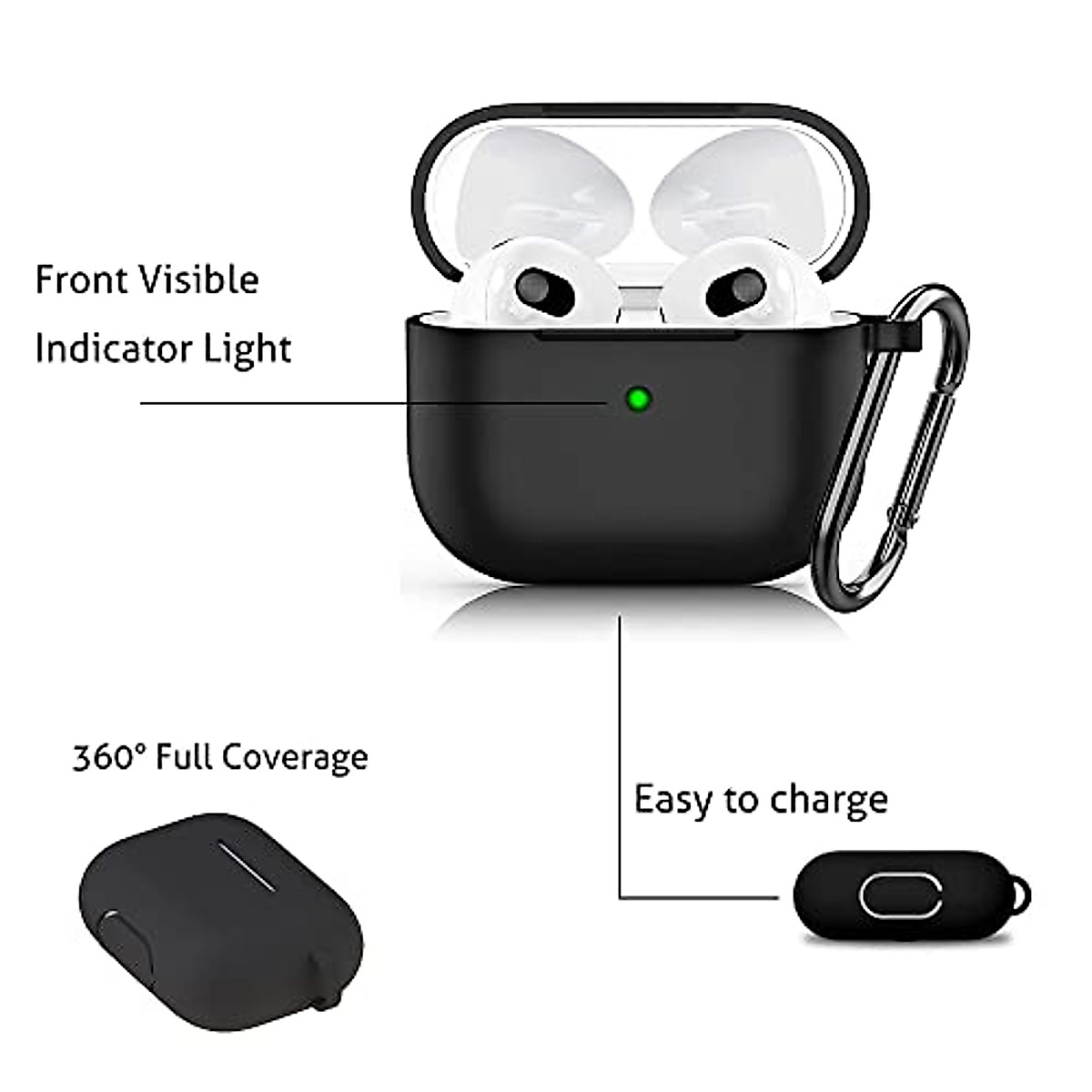Ailun AirPods 3 Case Cover with Keychain Neck, Protective Silicone Case Skin for AirPods 3rd Generation (2021 Released), Shockproof, Supports Wireless Charging [Black]