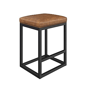 Nathan James Nelson Bar Stool with Leather Cushion and Metal Base, 24", Warm Brown/Black