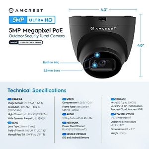 Amcrest 5MP POE Security Camera System Outdoor, 8CH POE NVR, 4pcs 5MP Turret POE Cameras, IP67 Metal Turret POE IP Cameras, Built in Mic, Pre-Installed 2TB Hard Drive, NV4108E-IP5M-T1179EB4-2TB