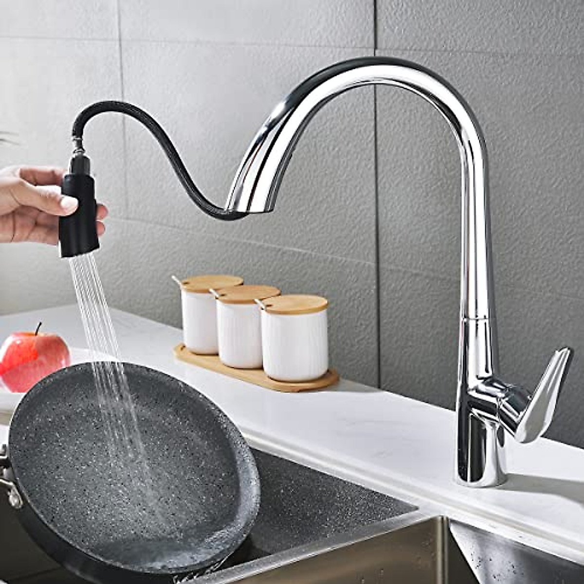 Fulgutonit Kitchen Faucet with Hidden Pull Down Sprayer, Modern High Arc Single Hole Pull Out Kitchen Sink Faucets for Bar Laundry RV Utility Sink, Chrome