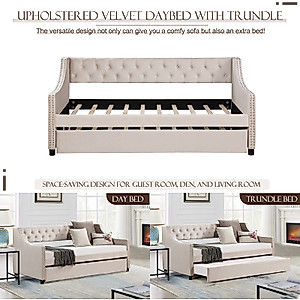 Obuvar Twin Size Daybed with Trundle, Upholstered Velvet Day Bed Frame with Tufted Button, Modern Furniture Sofa Bed for Living Room, Bedroom, Guest Room, Dorm, No Box Spring Needed, Beige