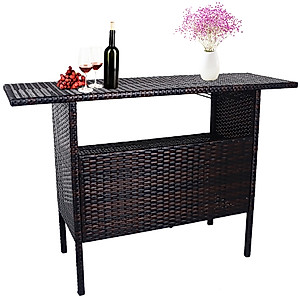 BalanceFrom Outdoor Patio Wicker Bar Counter Table Backyard Furniture with Shelves and Rails