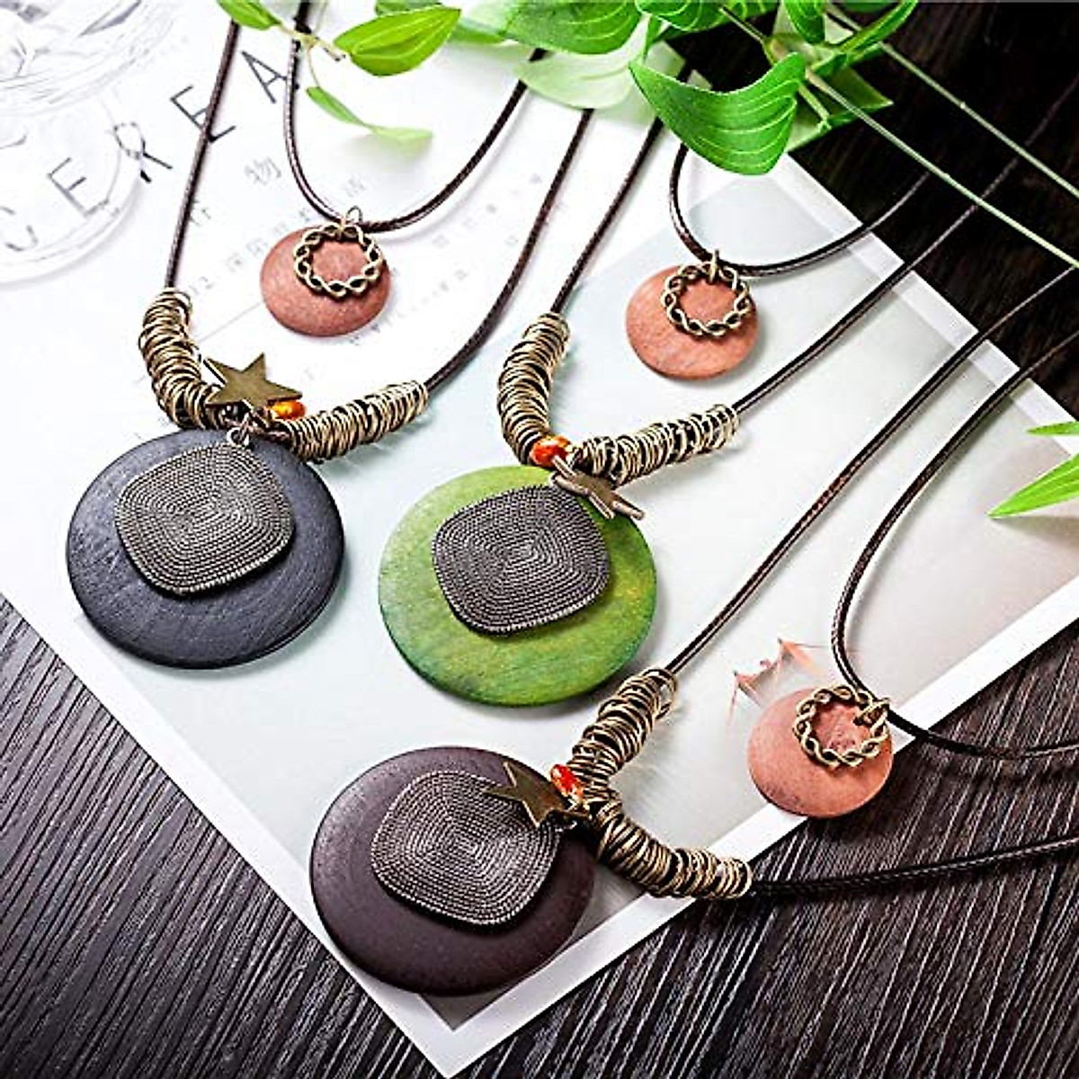 COOSTUFF ANNA Womens Pendant Necklace Wood Handmade Jewelry Long Rope Sweater Necklace for Woman (K5-AJXU-LZ4J)