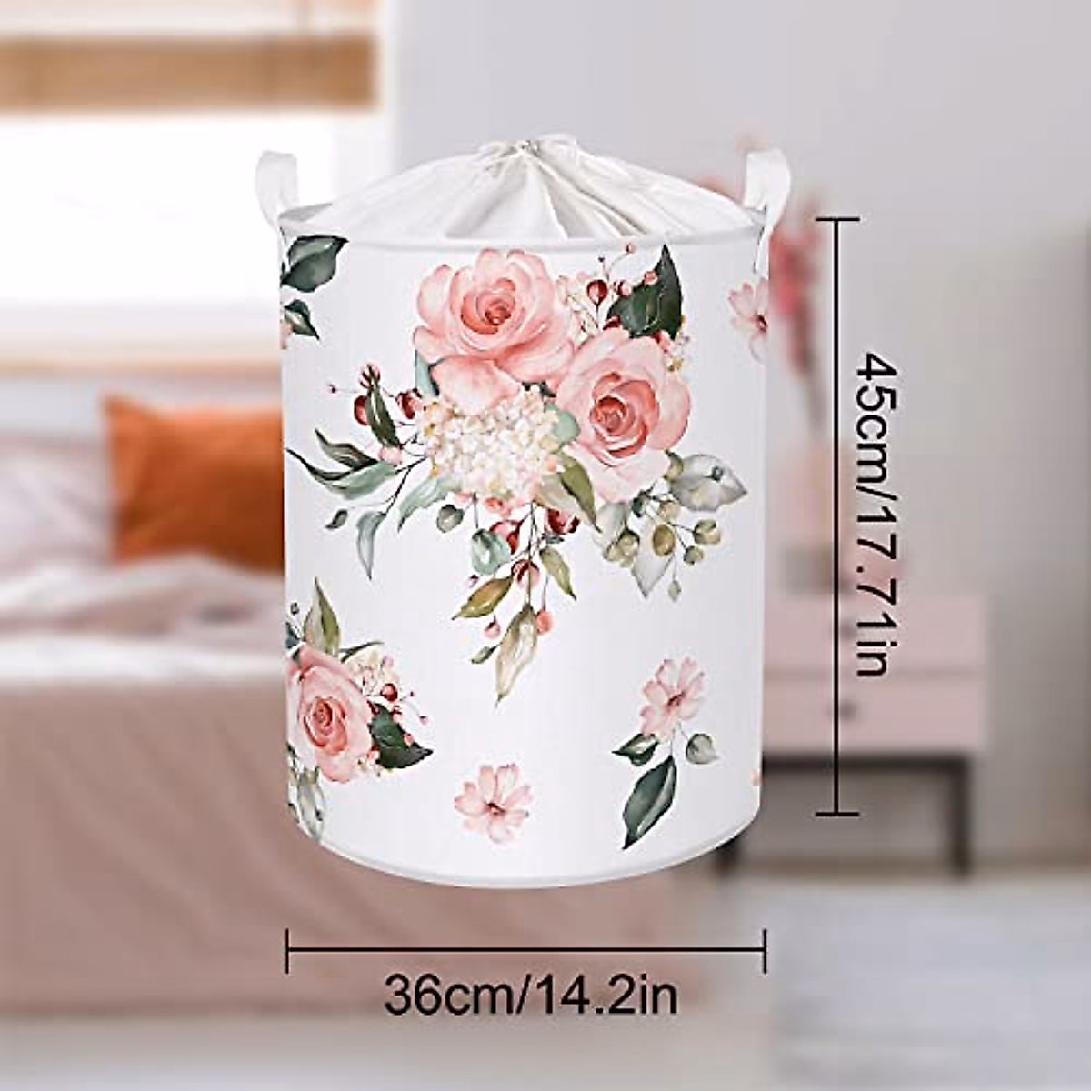 Clastyle 45L Pink Large Flowers Collapsible Laundry Basket with Drawstring Spring Summer Blooming Plant Pattern Laundry Hamper Bedroom Bathroom Waterproof Storage Basket with Handle, 14 * 17.7 in