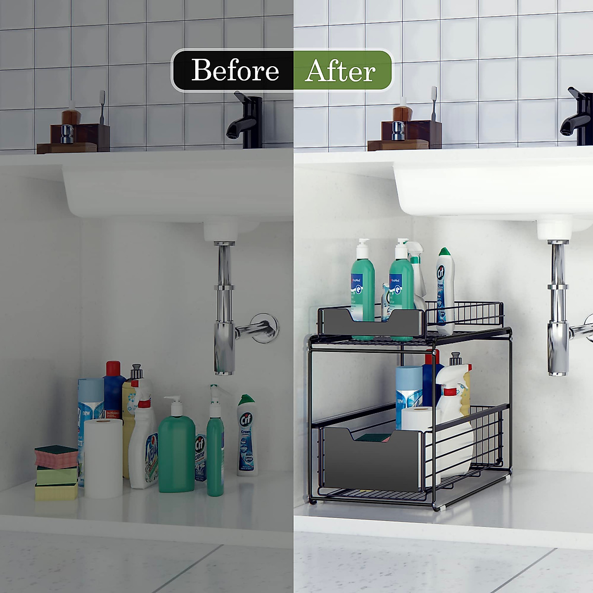 Across-Star Pull Out Under Sink Cabinets Organizer, Stackable 2 Tire Sliding Countertop Organizer, Under Sink Storage Drawer Shelf for Kitchen, Bathroom (Black)