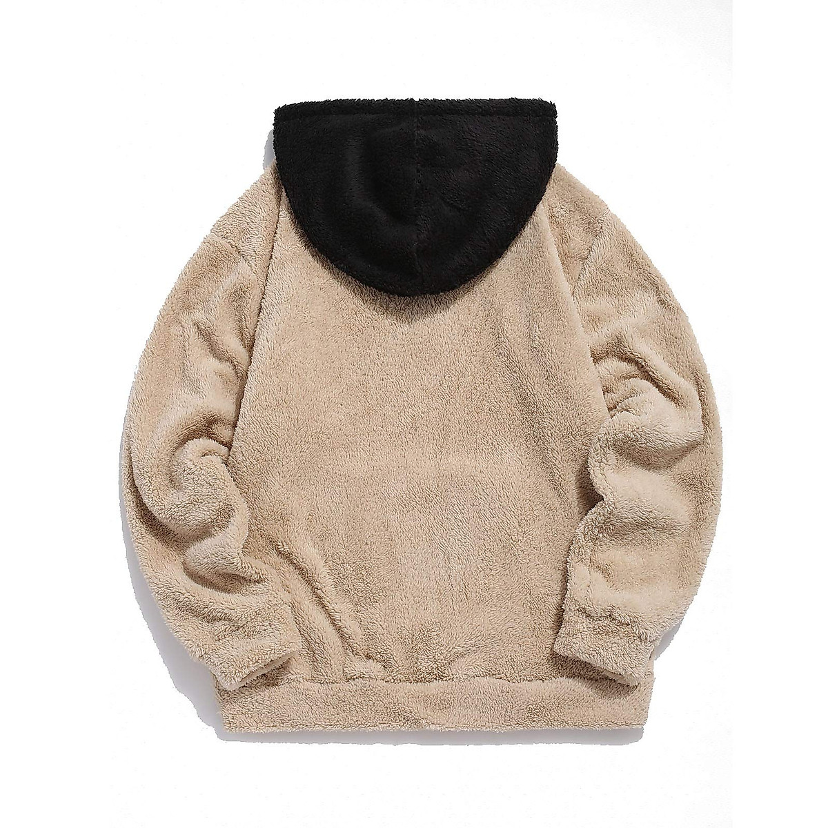 ZAFUL Men's Fashion Hooded Sweatshirts Unisex Colorblock Splicing Drawstring Fluffy Faux Fur Hoodies Pullover(Black Khaki,S)