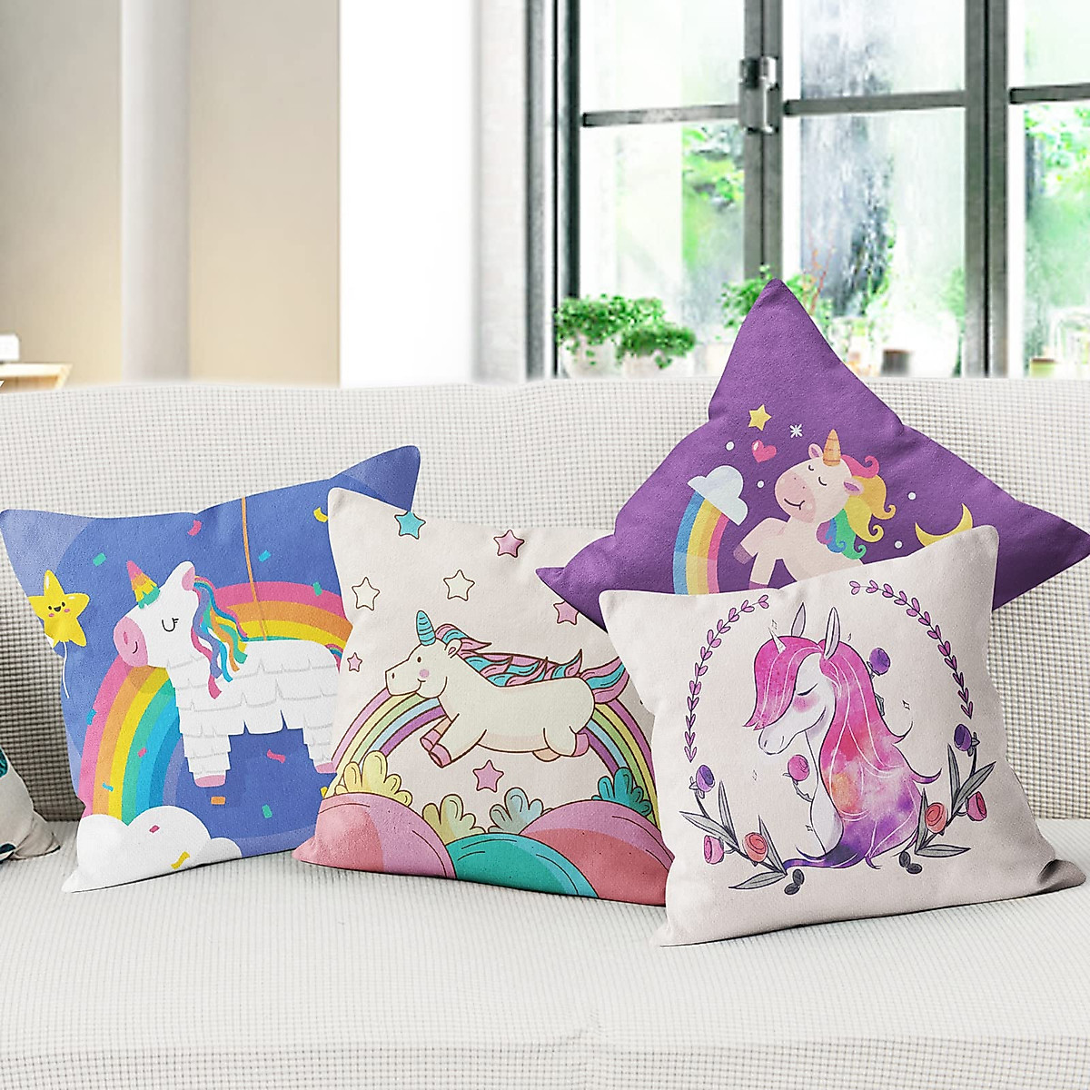 Yeele Rainbow Unicorn Pillow Covers, Set of 4 Cartoon Pink Rainbow Fairy Tale Stars Magic Unicorn Pattern Cushion Case with Invisible Zipper 18x18inch for Kids Boys Girls Room Sofa Decor