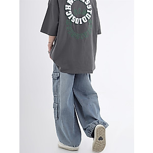 Grunge Emo Pants Y2K Baggy Jeans Fairycore Clothing Acubi Fashion Denim Cargo Sweatpant for Women Alt Goth Clothes (Blue,L)