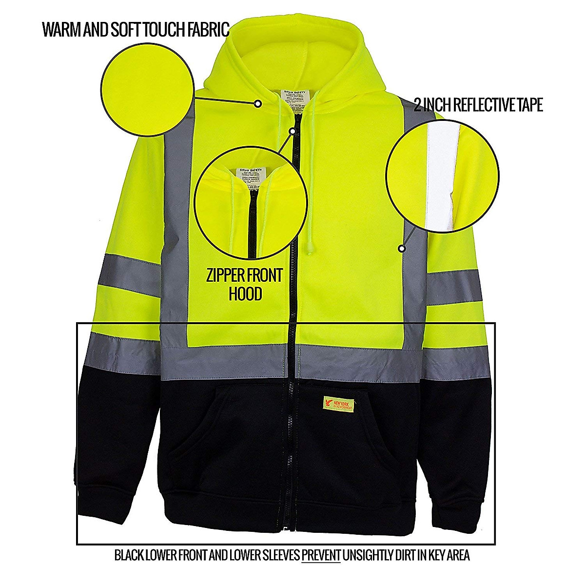 H9012 Men's ANSI Class 3 High Visibility Sweatshirt, Full Zip Hooded, Black Bottom (2XL)