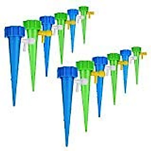 Adjustable Self Watering Spikes, Indoor Outdoor Plastic Bottle Automatic Garden Plants Drip Irrigation Slow Release System/Works as Watering Bulbs or Globes Stakes with Screw Valve-12 Pack