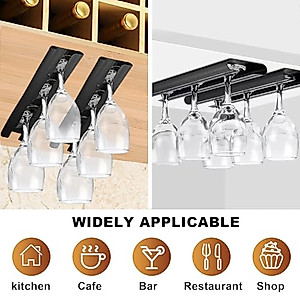 AQJUNONG Wine Glass Holder Under Cabinet，Aluminum Wine Glass Rack 2 Pack, Under Cabinet Wine Glass Holder, Under Shelf Mounted Stemware Rack for Bar Kitchen, Hanging Stemware Rack.（Black）