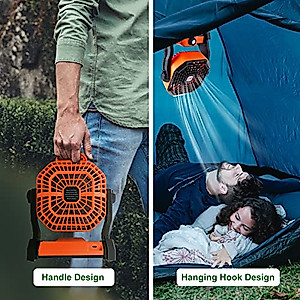 ERAVSOW Portable Camping Fan, USB Rechargeable Fan with Light & Hook, Battery Operated Powered Fan for Outdoor,Home,Office,Tent,Desk,Travel(Orange)