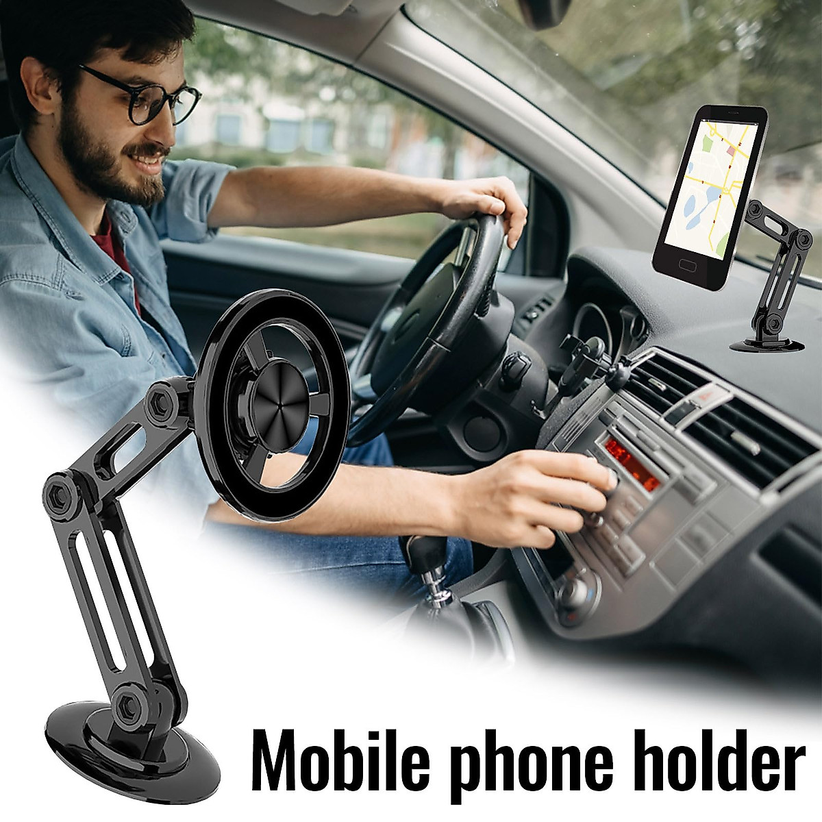 Uscallm Magnetic Car Phone Holder, Metal Car Navigation Holder, 360 Degree Rotatable Head Suction Cup Foldable Car Mount, Phone Universal #