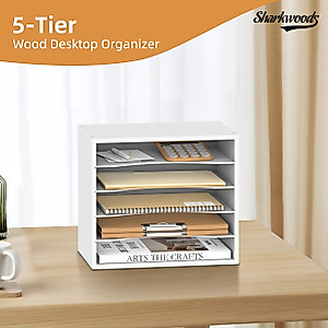SHARKWOODS 5-Tier Paper Organizer for Desk, Wood Desktop Organizer with Adjustable Letter Tray, Mail Sorter for Office School & Home, White