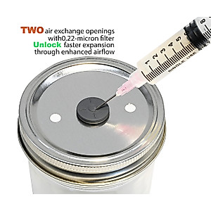 Root Mushroom Farm- 6Pcs Wide Mouth Mushroom Liquid Culture Lids, Mason Jar Lid with Two air exchange openings, 0.22um PTFE Filters & 20mm Self Healing Injection Port