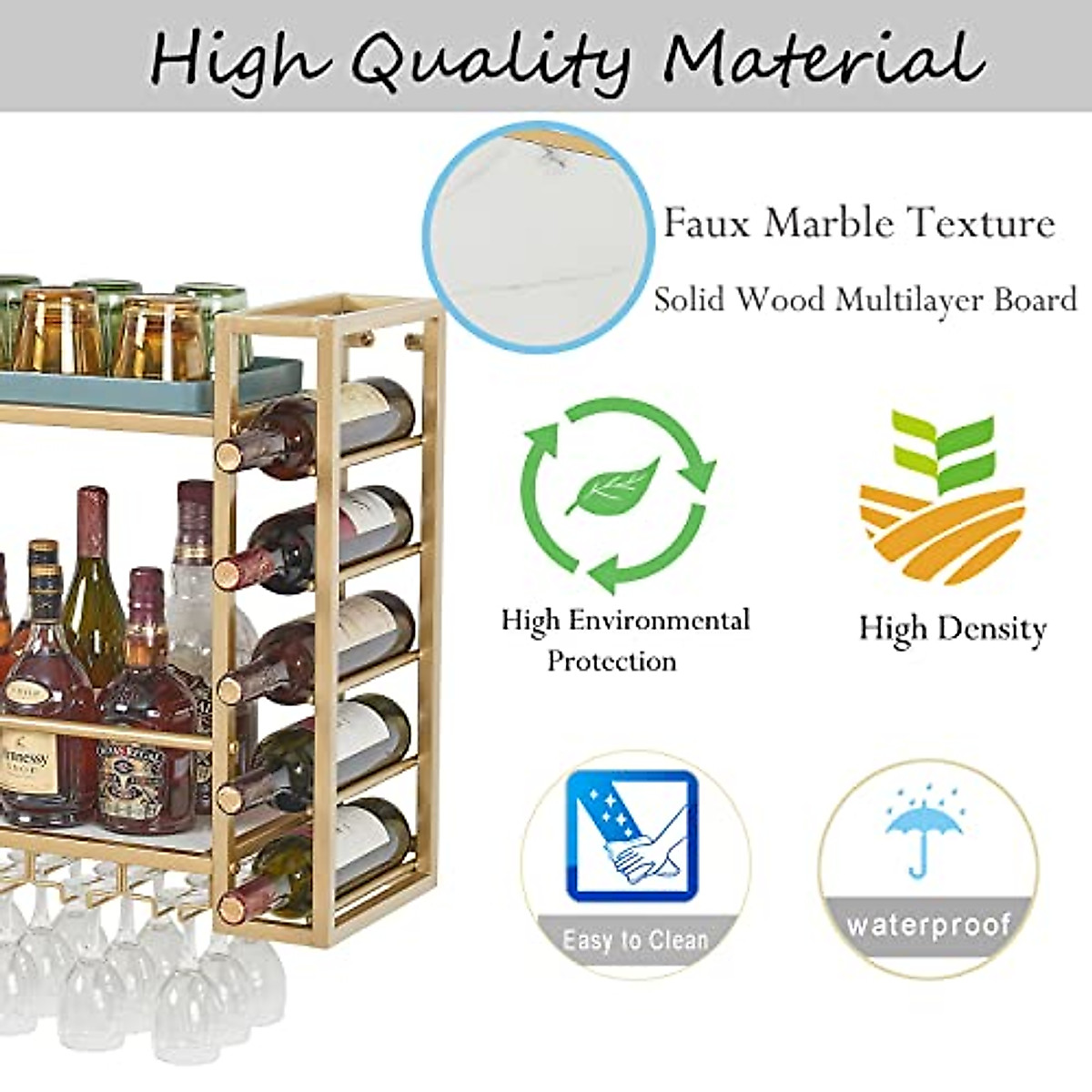 GOLASON Wall Mounted Wine Rack with Glass Holder, Metal Bottle Holder Wine Storage Display Shelf for Home Bar Dining Room Kitchen (31.5 Inch, Faux Marble)