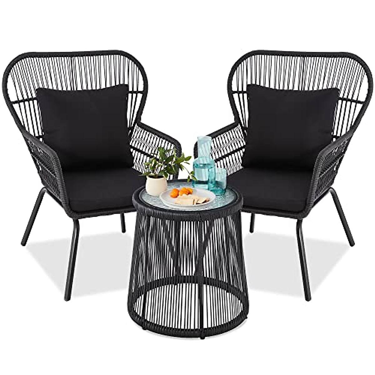 Best Choice Products 3-Piece Patio Conversation Bistro Set, Outdoor All-Weather Wicker Furniture for Porch, Backyard w/ 2 Wide Ergonomic Chairs, Cushions, Glass Top Side Table - Black