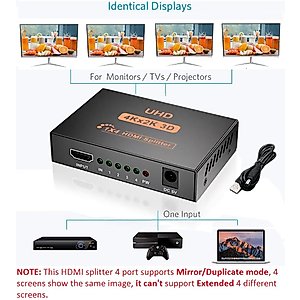 HDMI Splitter 1 in 4 Out 4K, 1x4 HDMI Splitter 3D Full HD 1080P, for Monitors Duplicate/Mirror, Compatible for HDTV PS4 Blu-Ray Player Box STB DVD Player, Projector Etc (1 Source onto 4 Displays)