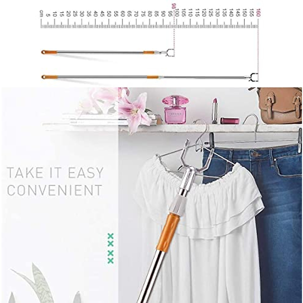 Extended Long Reach Stick Pole with Hook 63" Telescopic Garment Reaching Stick Adjustable Reaching Pole for Ceiling, Garment Blind Window